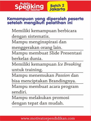 Proposal public speaking for teacher batch 2 Jakarta | PDF