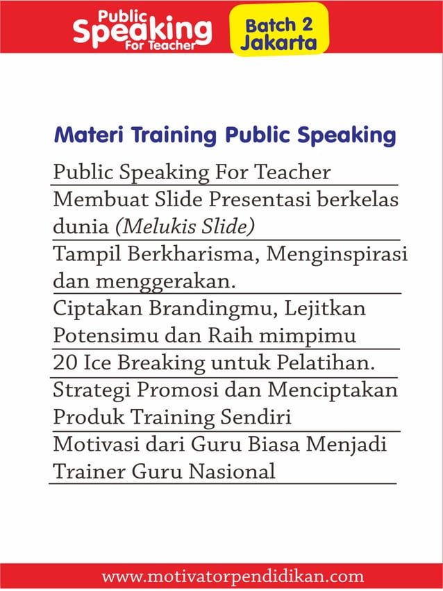Proposal public speaking for teacher batch 2 Jakarta | PDF