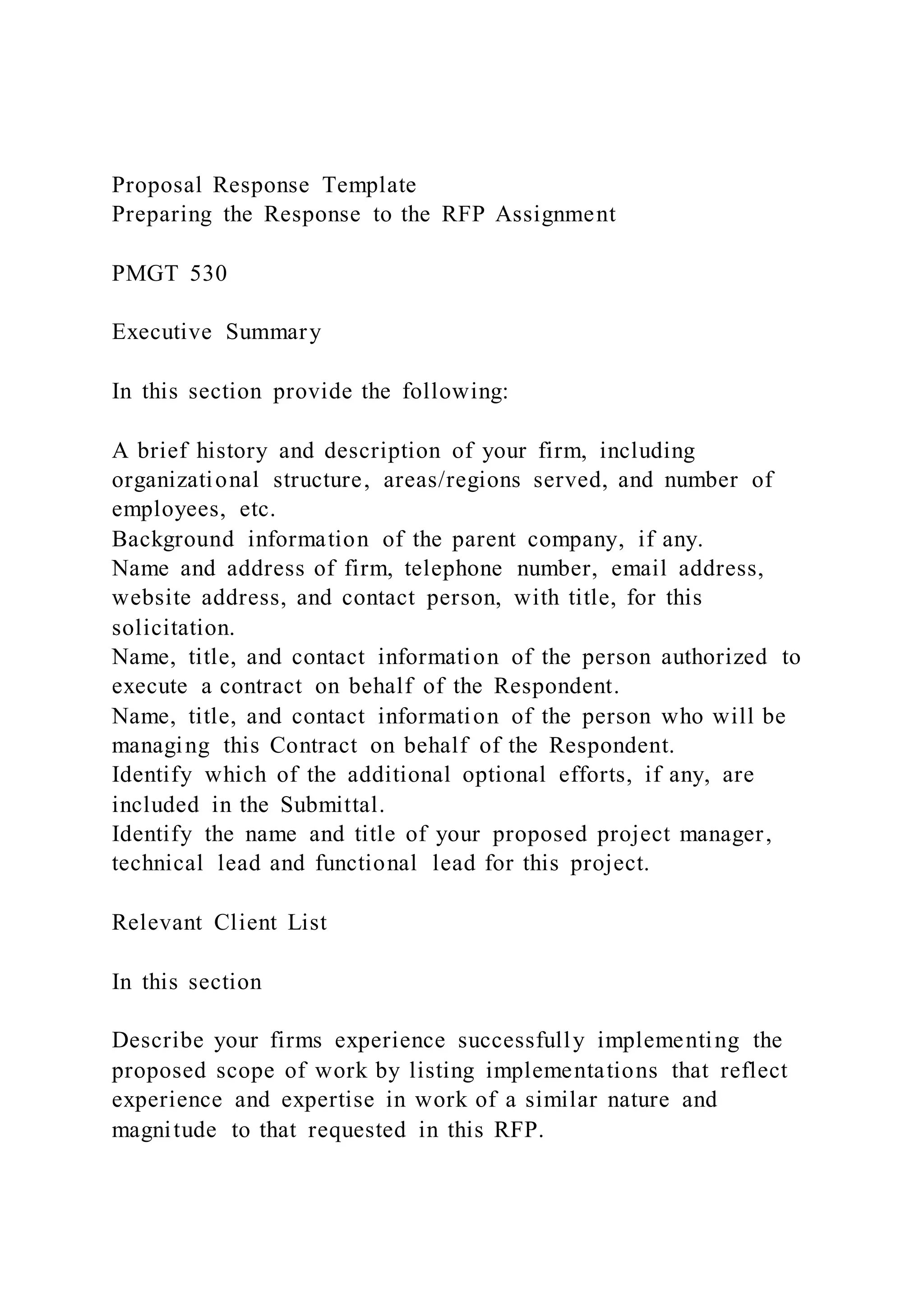 Proposal response template preparing the response to the rfp assi | DOCX