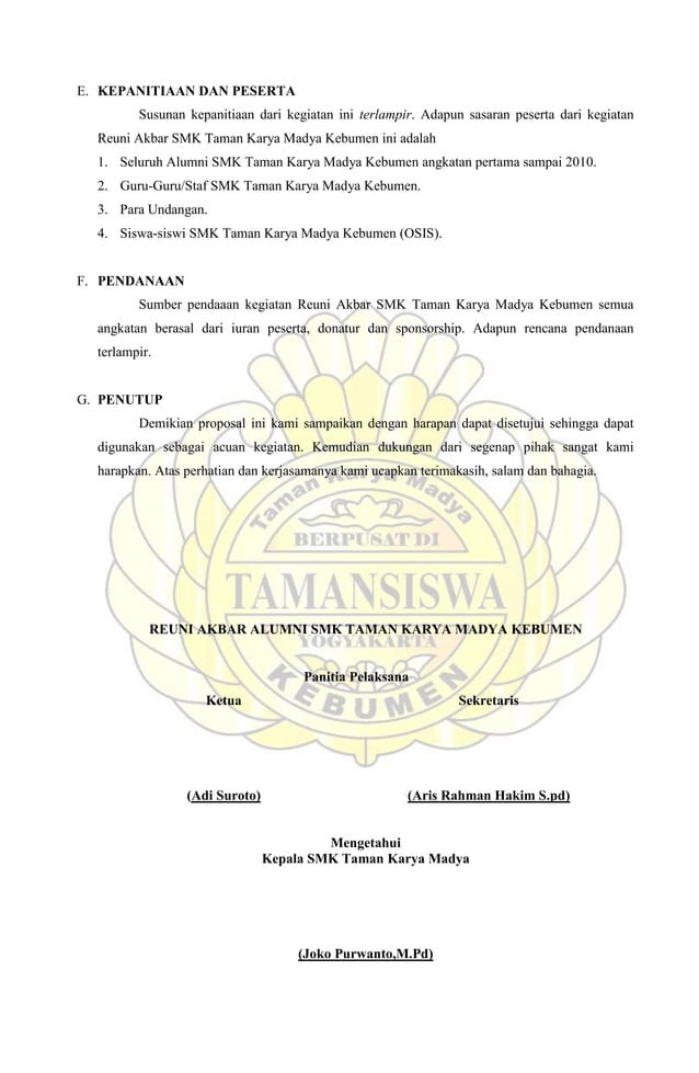 Proposal Reuni Akbar SMK Taman Karya Madya, Kebumen | DOCX