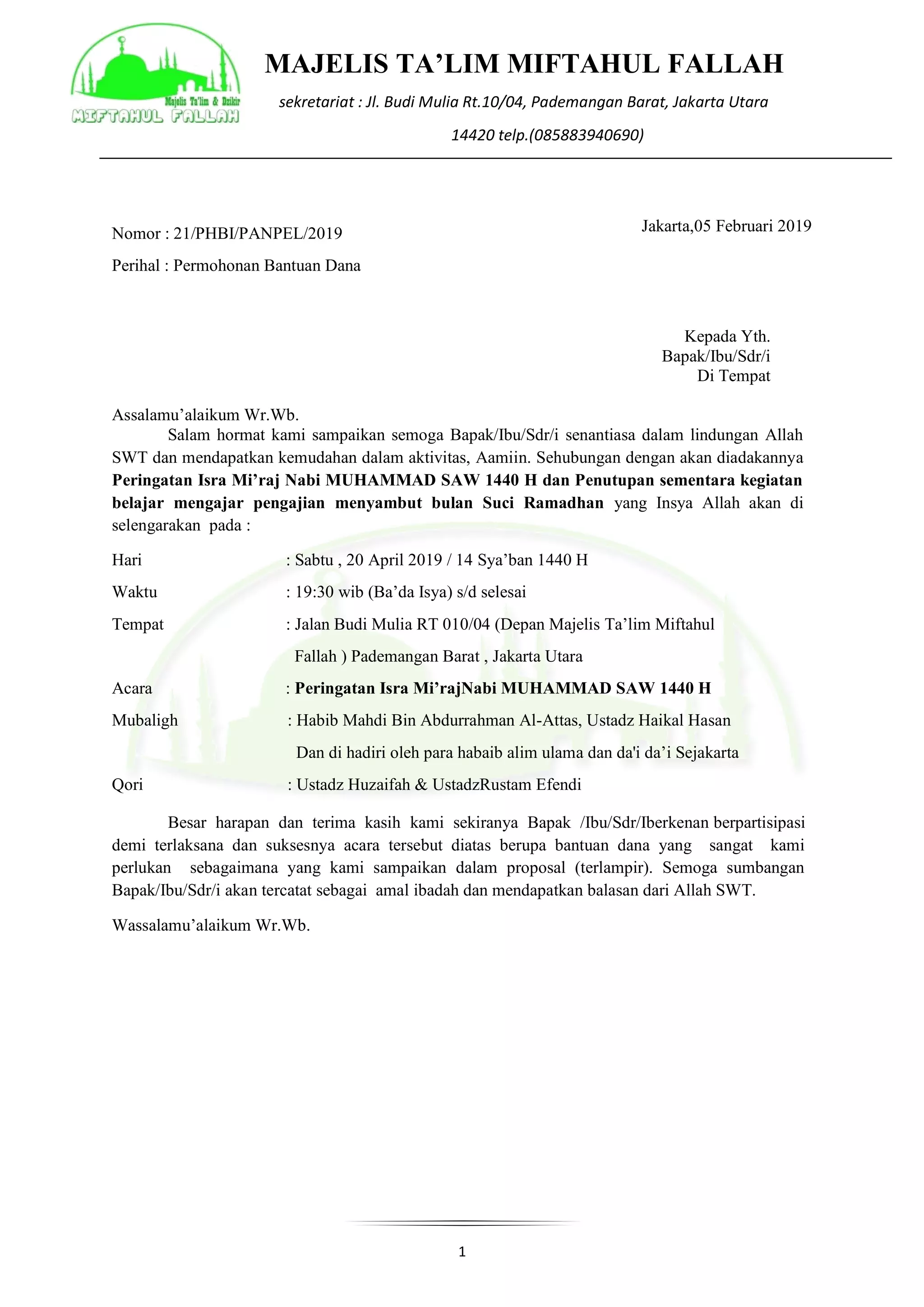 Proposal PHBI Isra Miraj & Santunan Anak Yatim Piatu 1440H | PDF