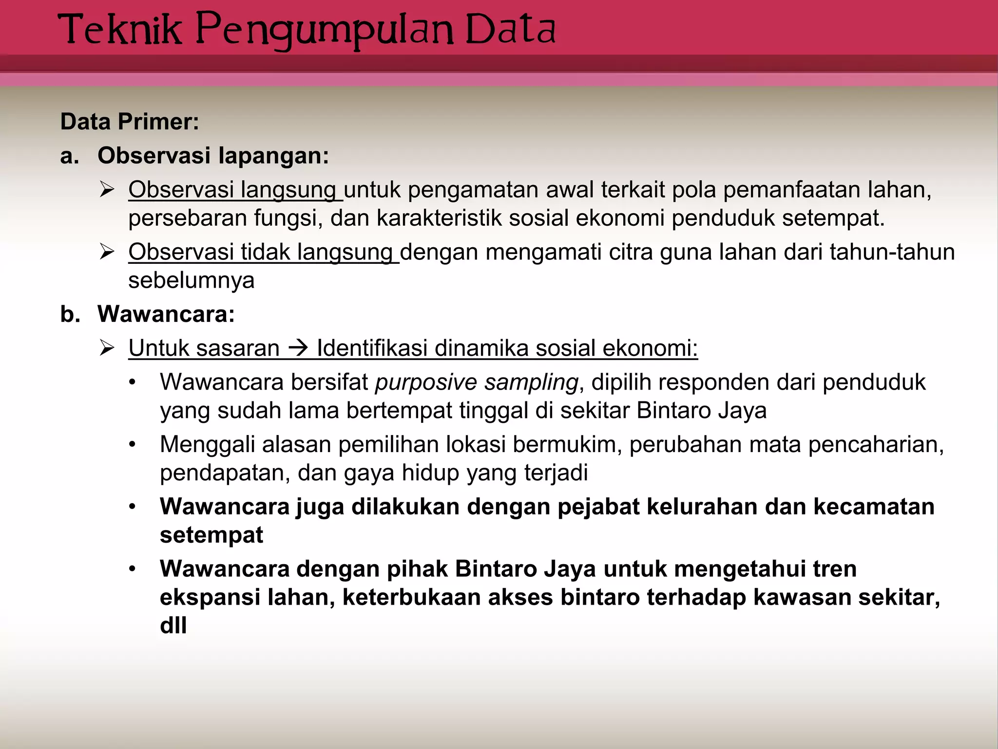Proposal sidang transformasi spasial dan sosial ekonomi kawasan sekitar bintaro jaya | PDF