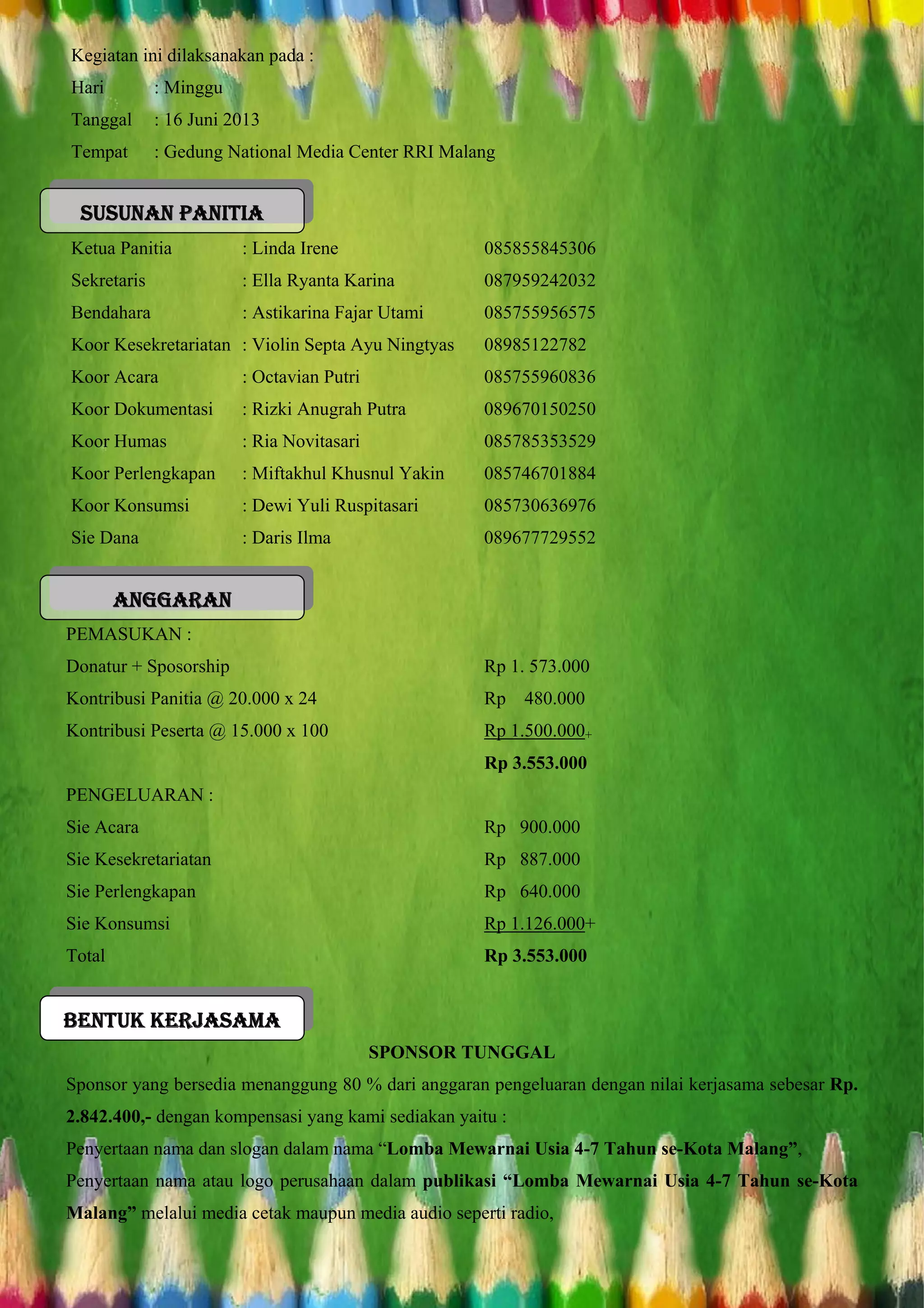 proposal sponsorship untuk lomba mewarnai | PDF
