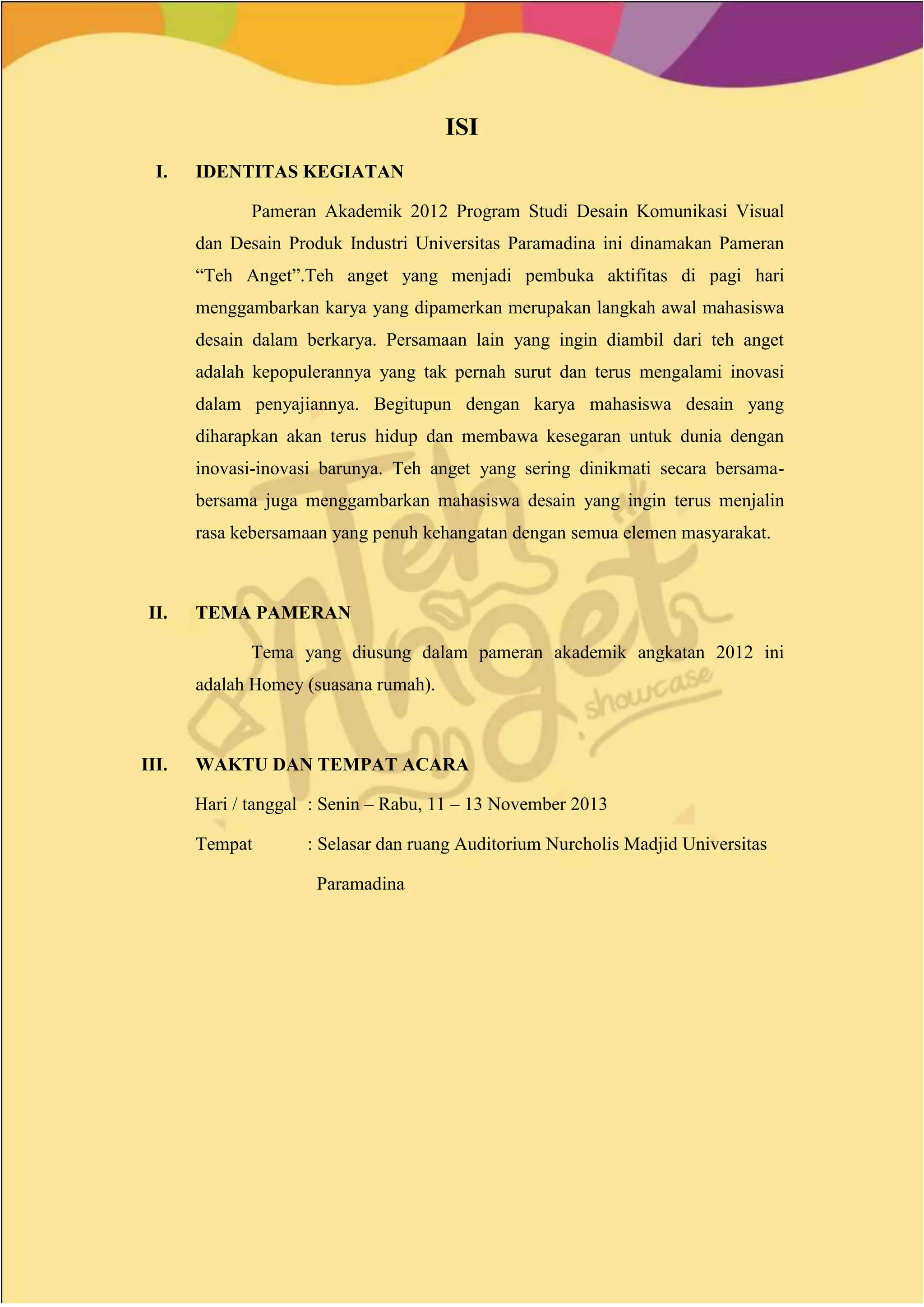 Proposal Pameran Akademik Desain Paramadina "Teh Anget" Angkatan 2012 | PDF