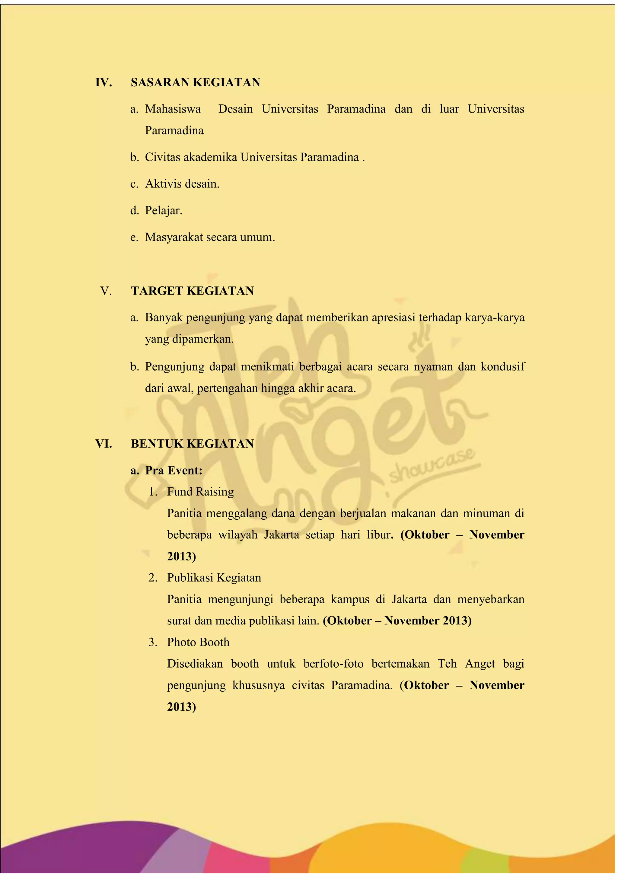 Proposal Pameran Akademik Desain Paramadina "Teh Anget" Angkatan 2012 | PDF