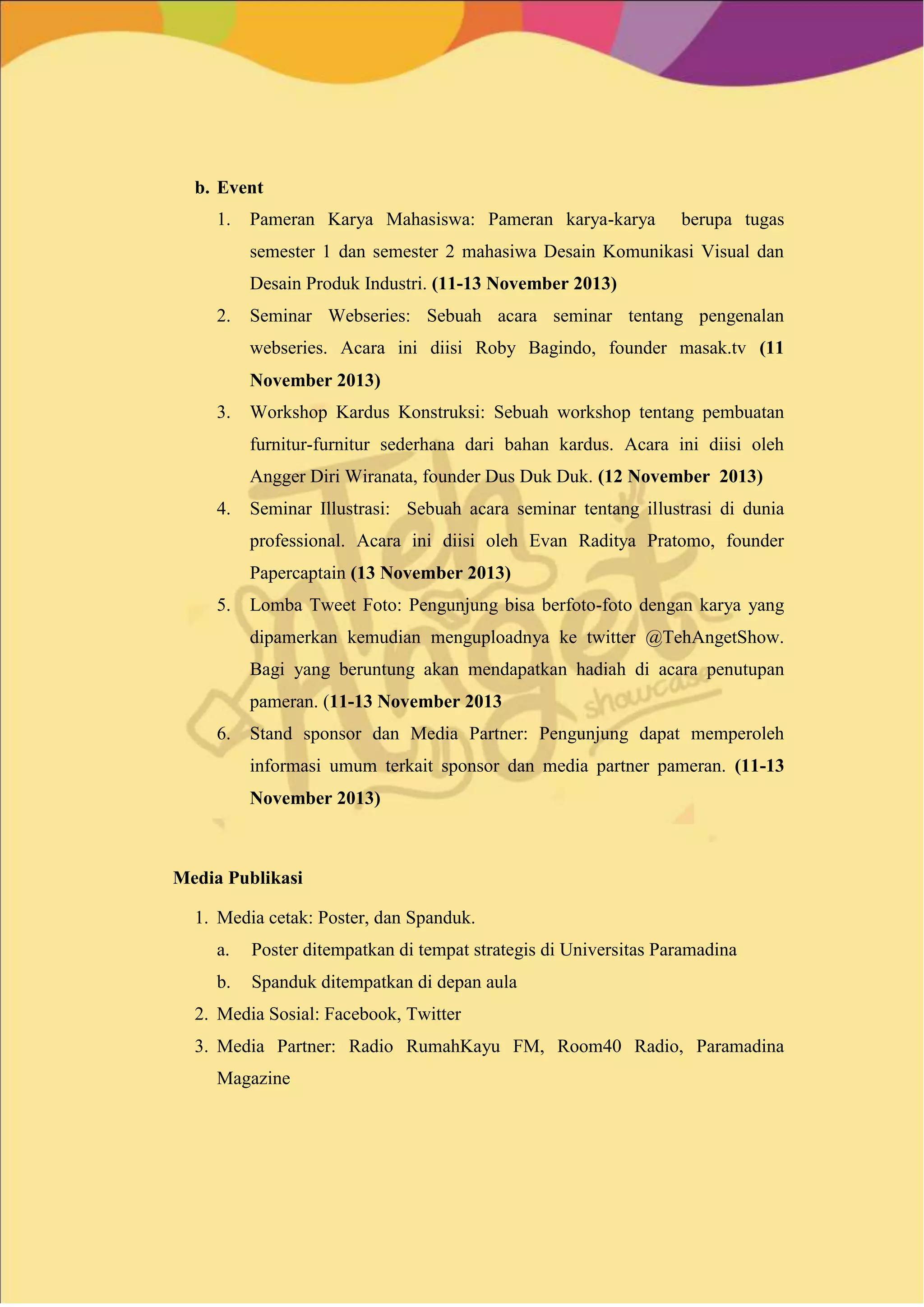 Proposal Pameran Akademik Desain Paramadina "Teh Anget" Angkatan 2012 | PDF