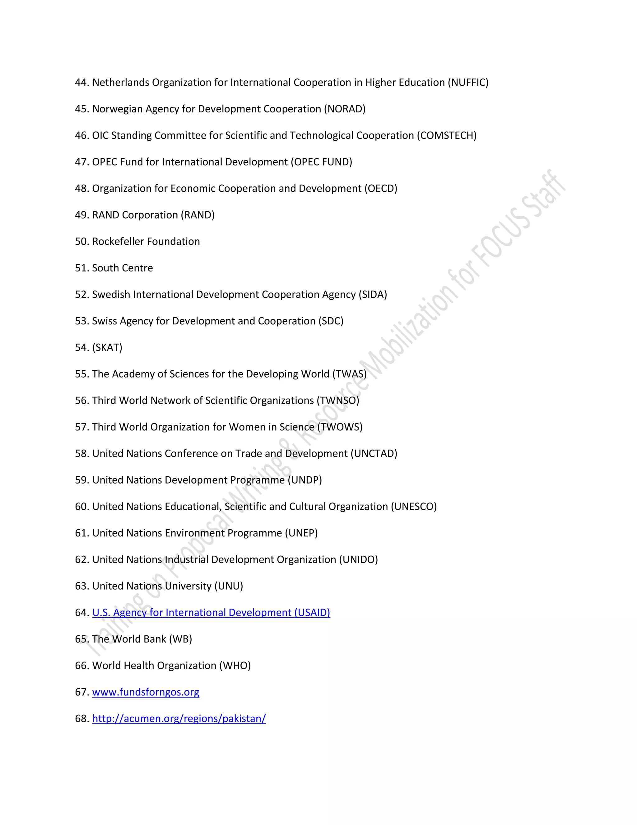 List of donor agencies- training on proposal writing & resource ...