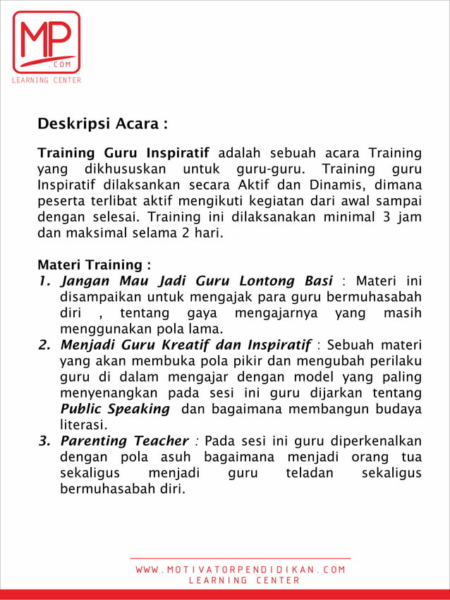 Contoh Proposal training guru inspiratif untuk Program 1 Hari | PDF