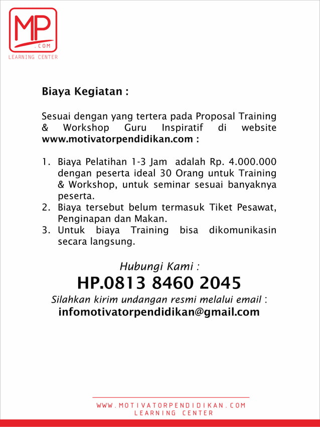 Contoh Proposal training guru inspiratif untuk Program 1 Hari | PDF