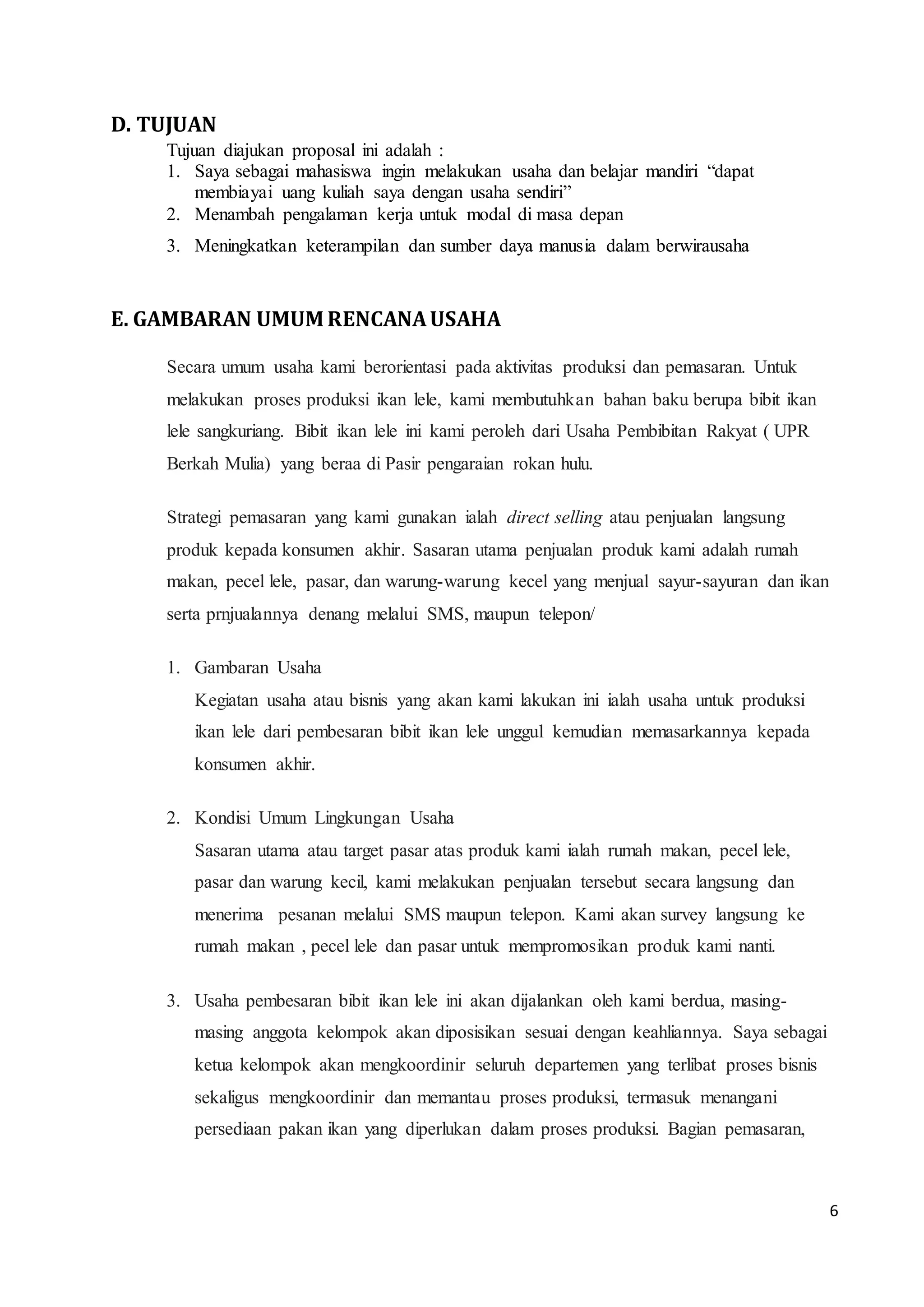 Proposal usaha Pembesaran bibit ikan lele unggul | DOCX