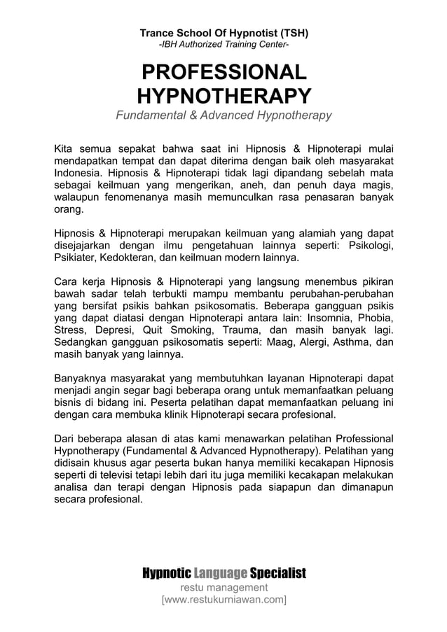 Proposal Workshop Hypnosis/Hypnotherapy | PDF