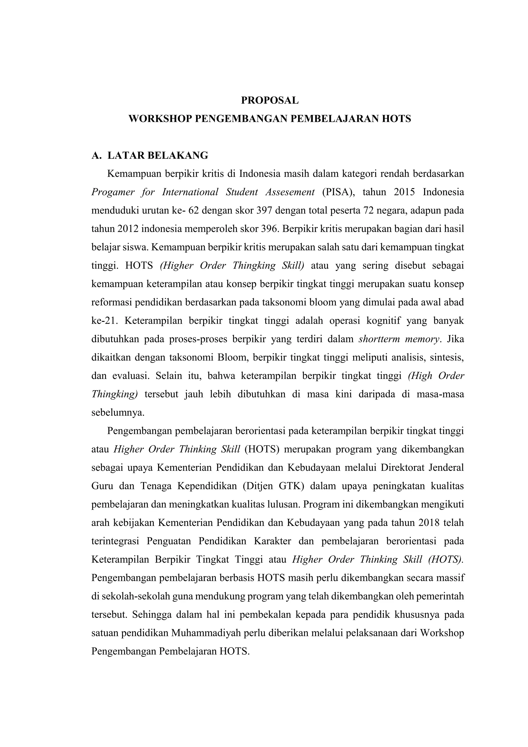 PROPOSAL WORKSHOP PENGEMBANGAN PEMBELAJARAN HOTS | PDF
