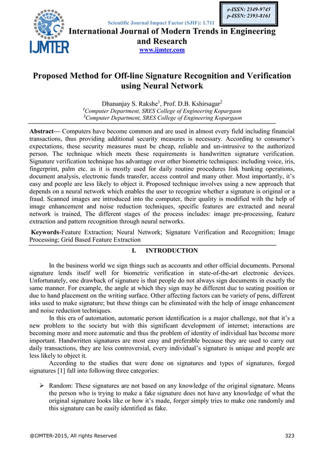 Proposed Method for Off-line Signature Recognition and Verification using Neural Network | PDF