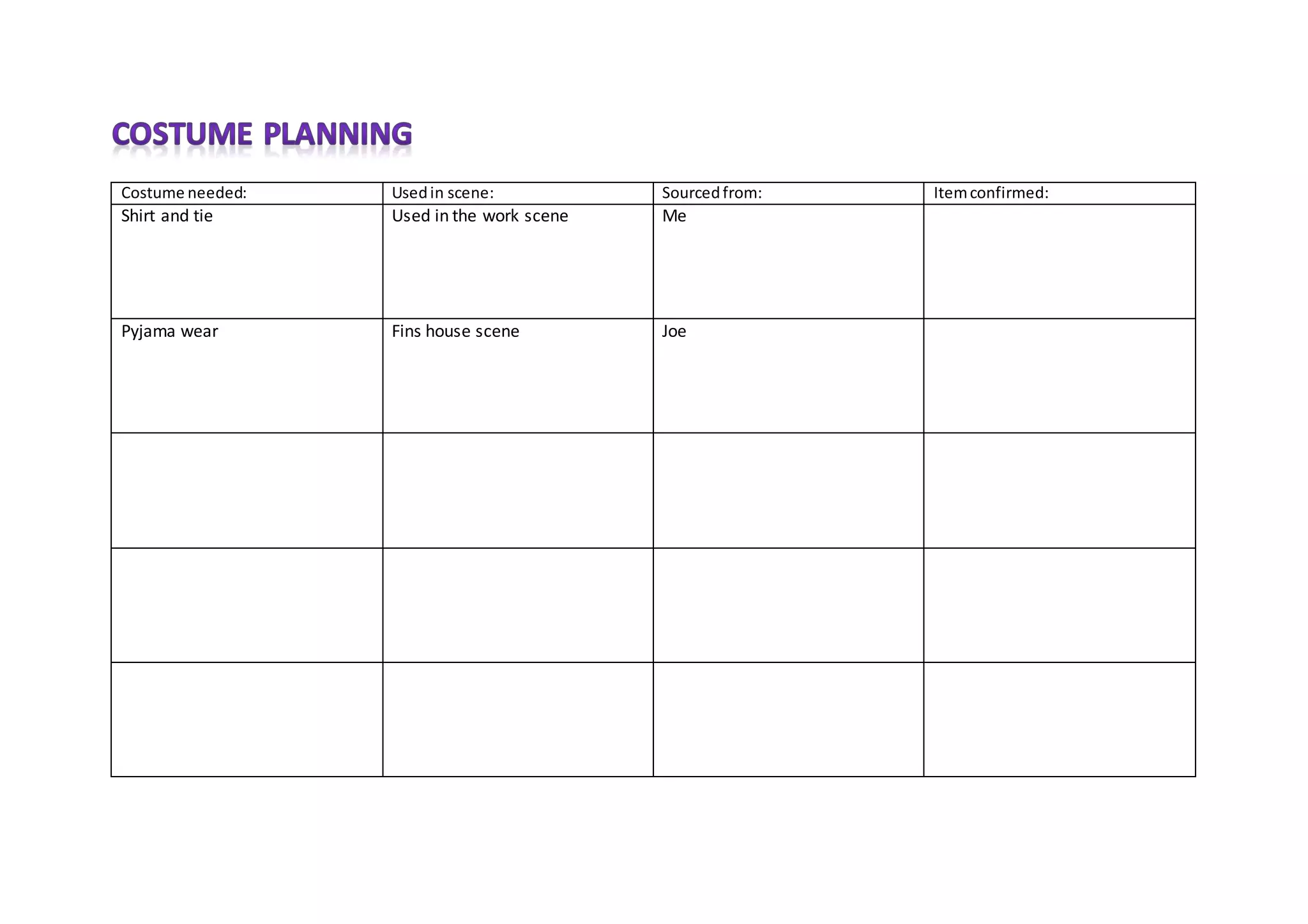 Props and costume planning sheet | PPT