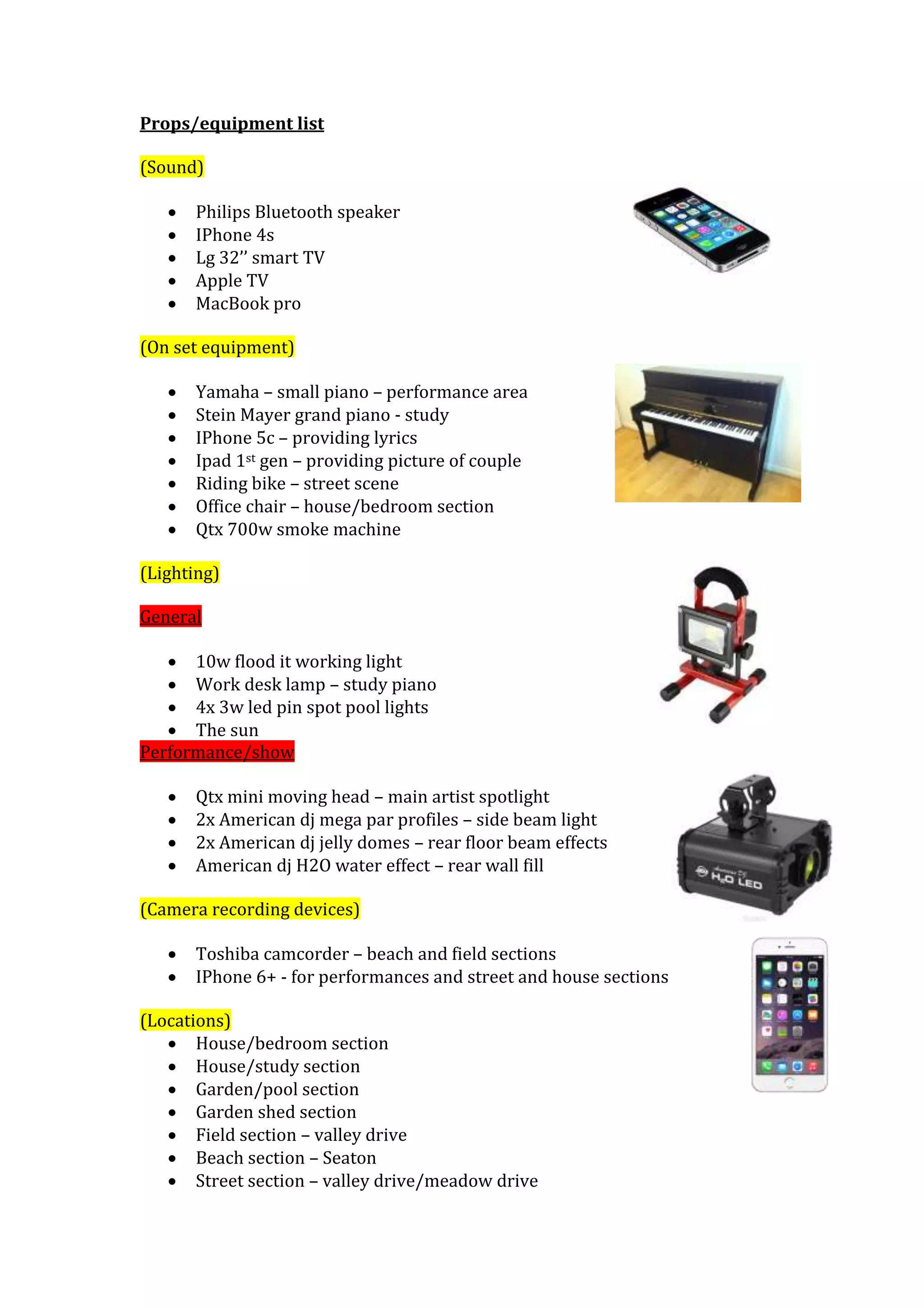 Props and Equipment list | DOCX