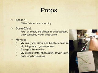 Props locations characters shot list | PPTX | Women\'s Outerwear | Women\'s Clothing