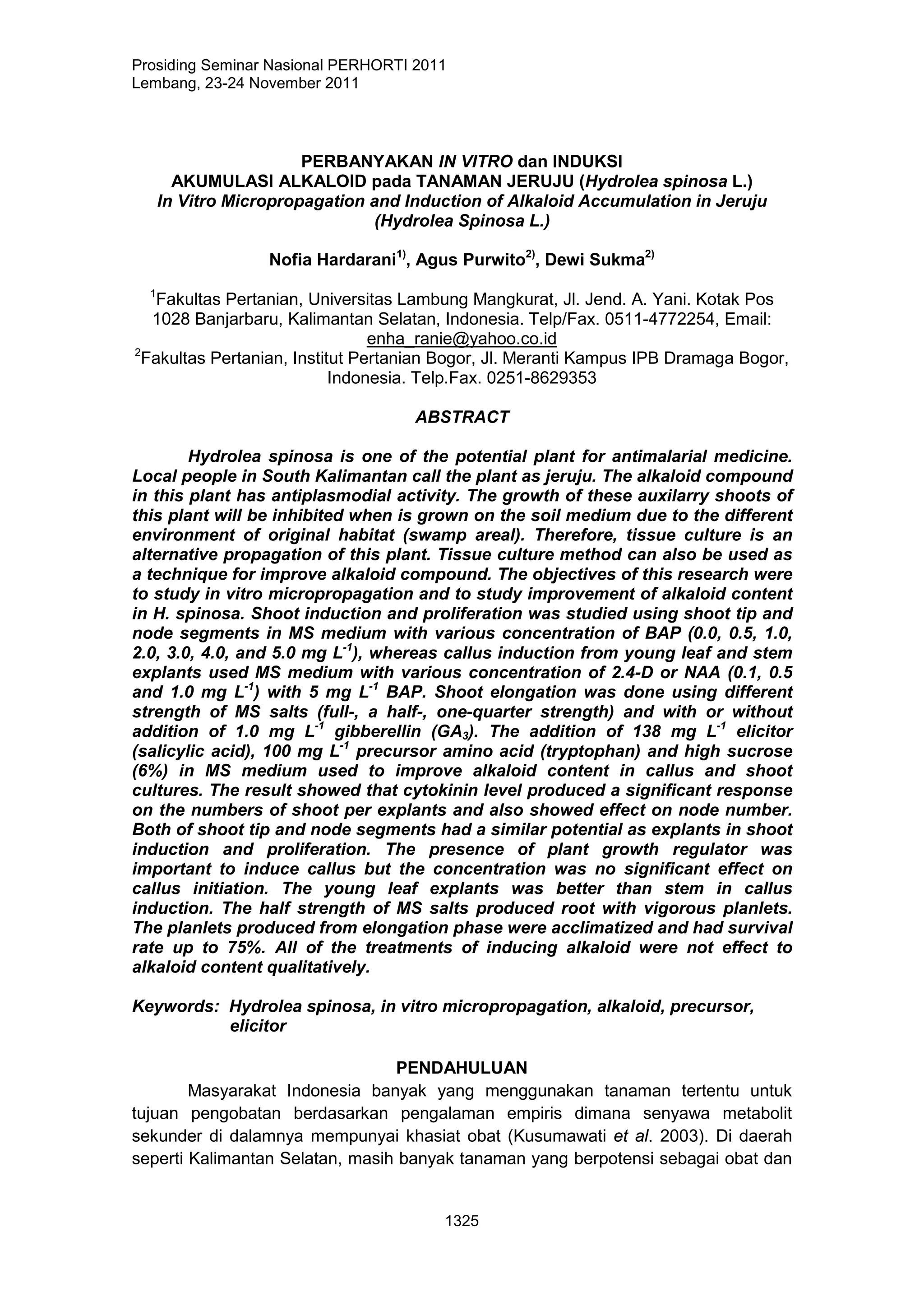 PERBANYAKAN IN VITRO dan INDUKSI AKUMULASI ALKALOID pada TANAMAN JERUJU ...