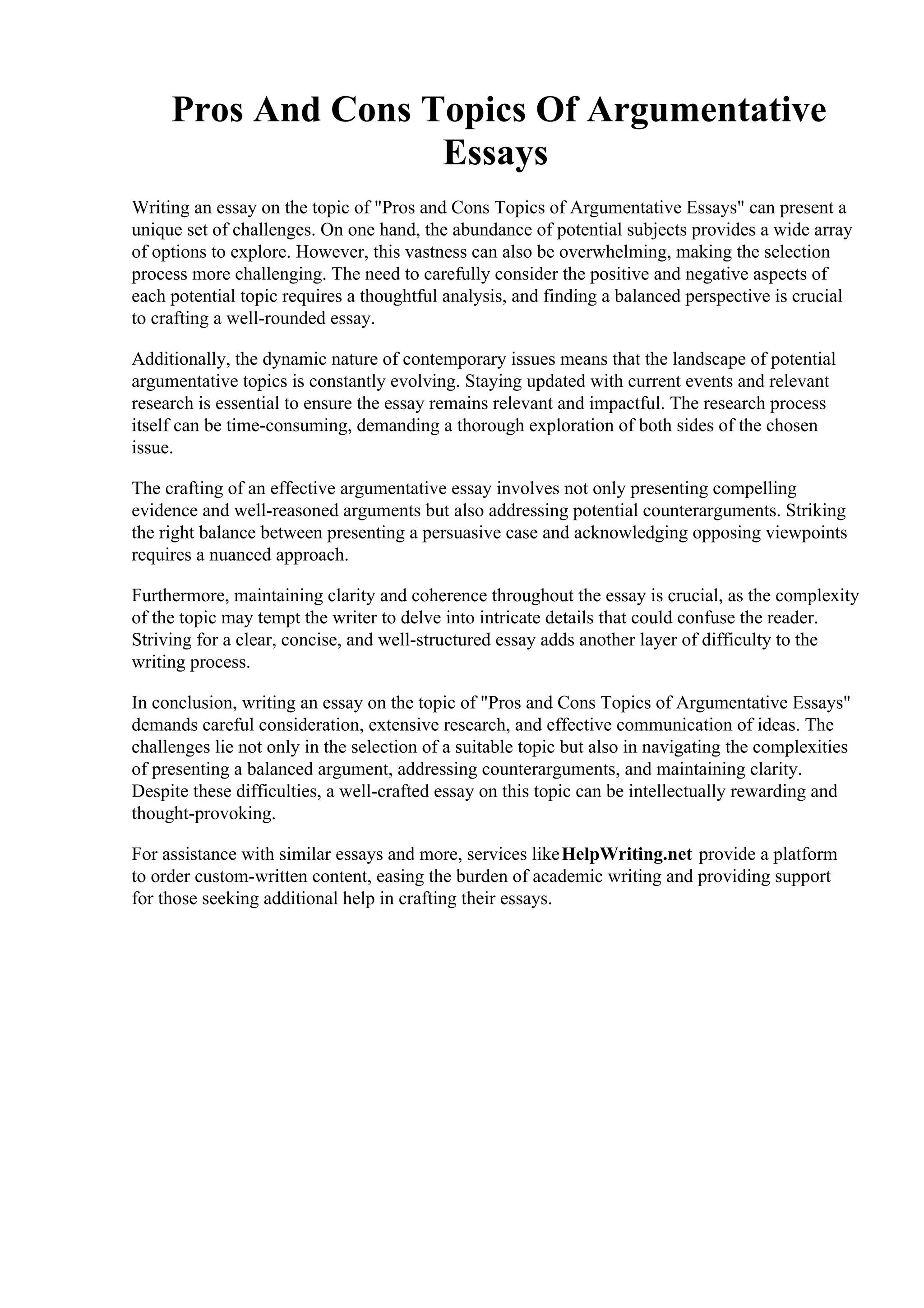 Pros And Cons Topics Of Argumentative Essays Pdf