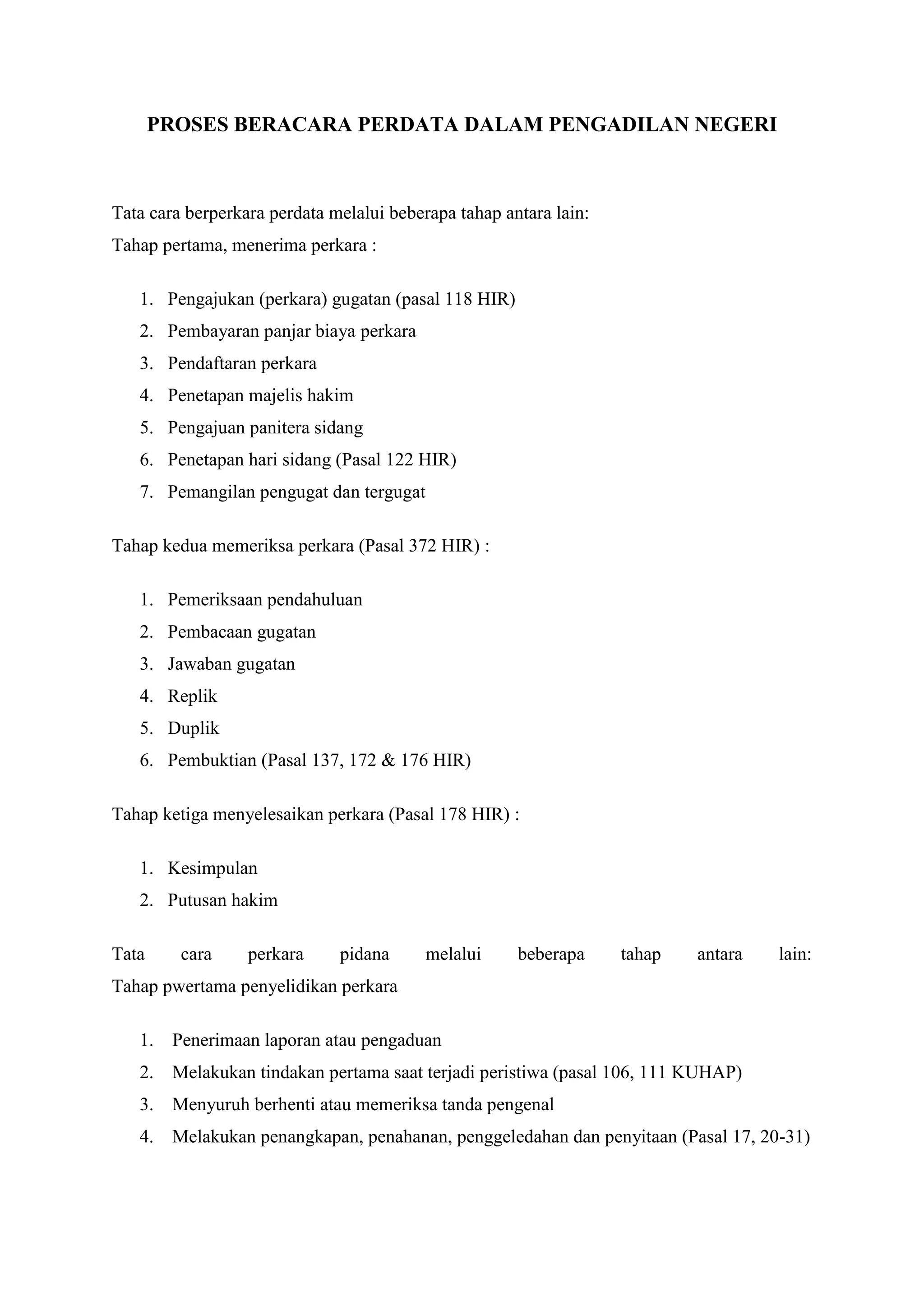 Prosedur beracara Perdata dalam Pengadilan Negeri | DOCX