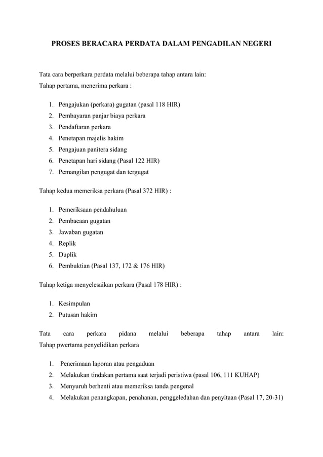 Prosedur beracara Perdata dalam Pengadilan Negeri | DOCX