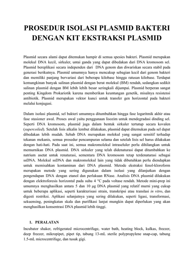 Prosedur Isolasi Plasmid Bakteri dengan Kit Ekstraksi Plasmid - PT ...