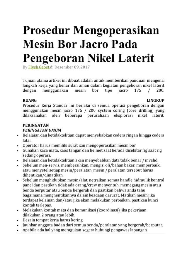 Prosedur mengoperasikan mesin bor jacro | DOCX
