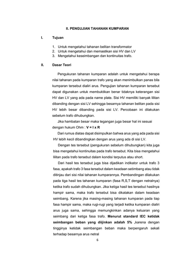 Prosedur pengujian rutin trafo 3 fasa hubungan Y-Y | PDF