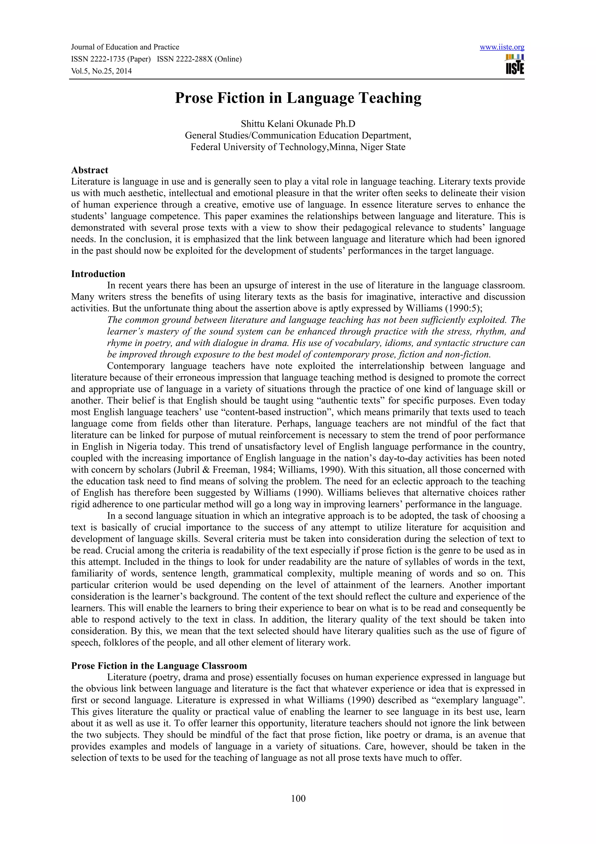 Prose fiction in language teaching | PDF