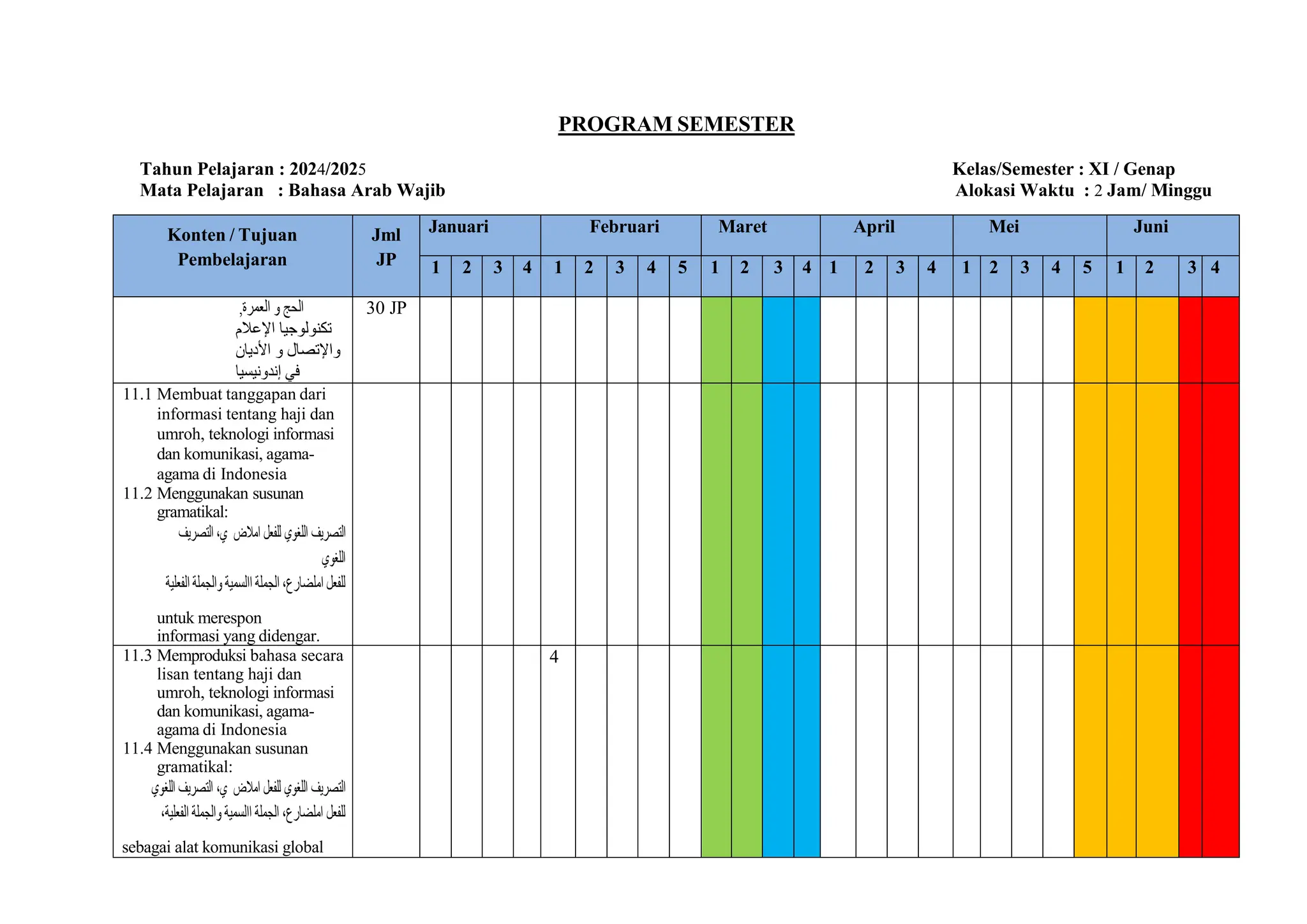 PROGRAM SEMESTER GANJIL BAHASA ARAB KELAS X TAHUN PELAJARAN 2024/2025 | DOCX