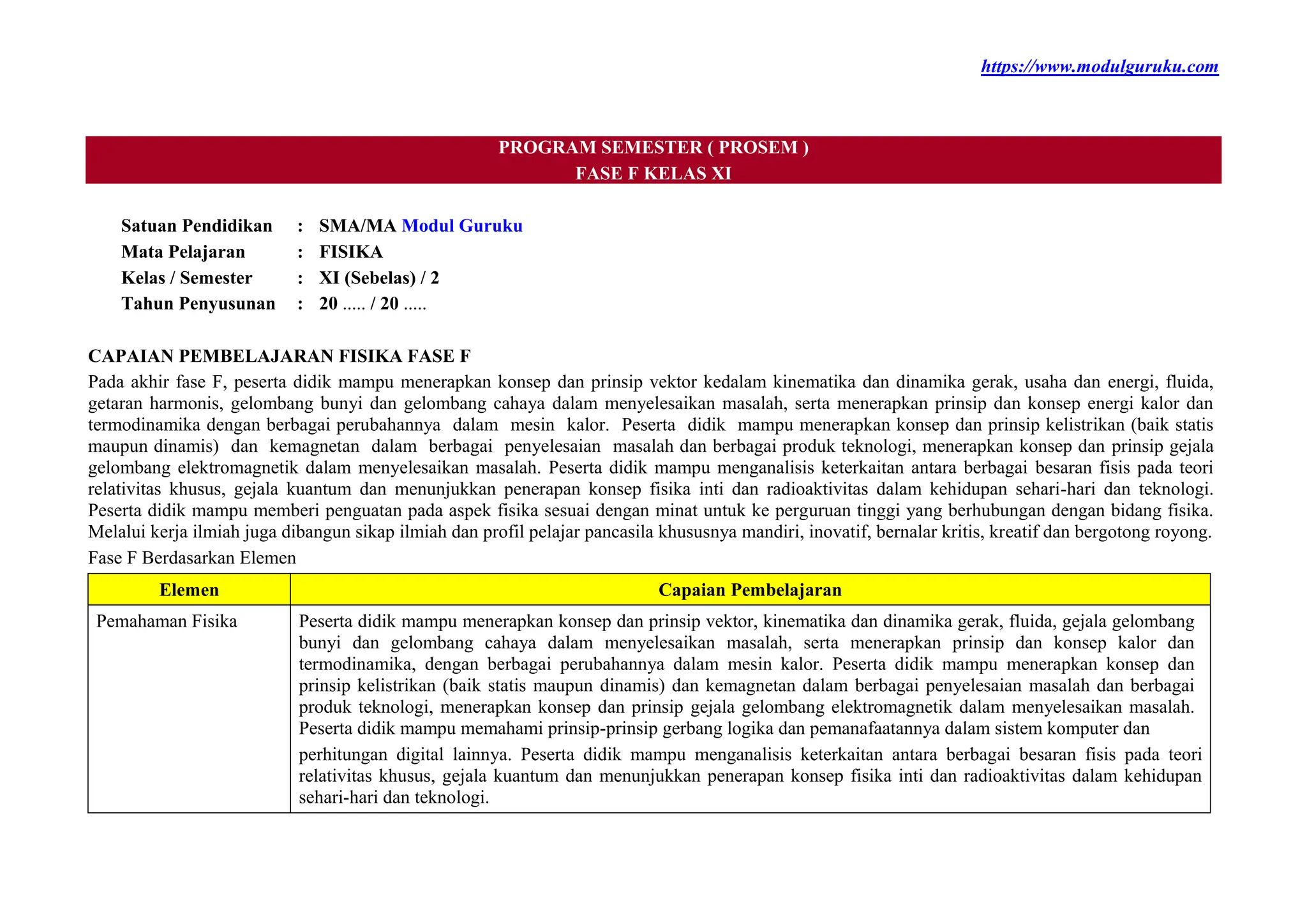 Prosem (Program Semester) Fisika Kelas 11 Fase F | PDF
