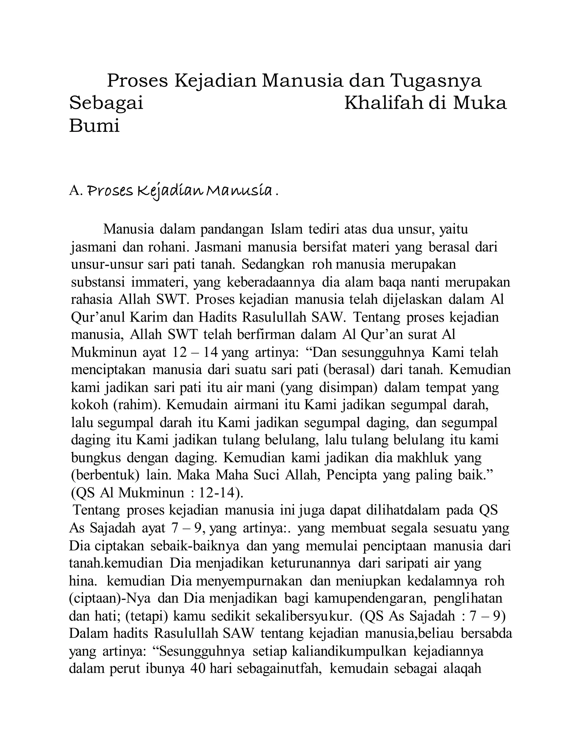 Proses kejadian manusia dan tugasnya sebagai khalifah di muka bumi | DOTX