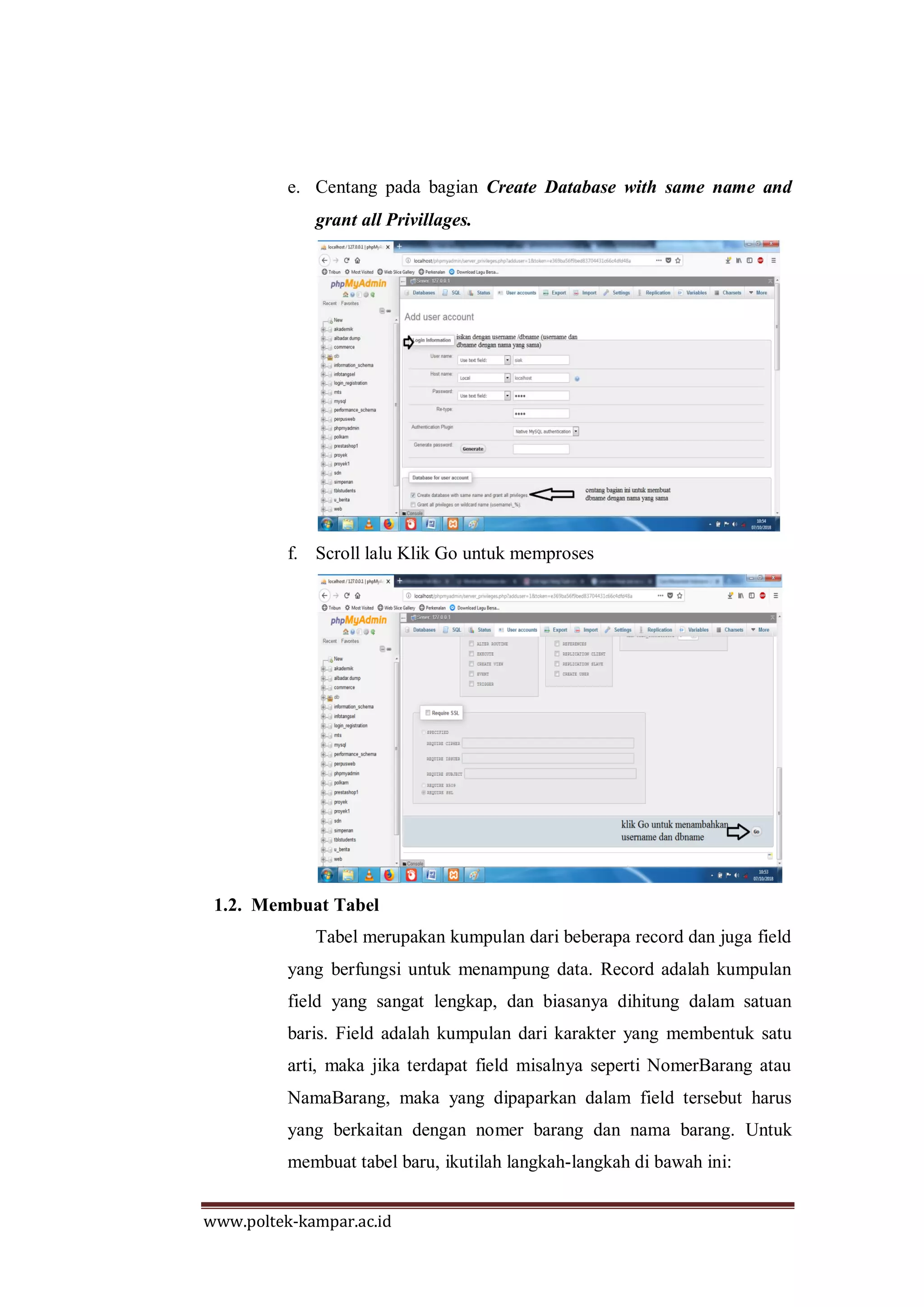 Proses pembuatan account db, db , tabel dan password | PDF