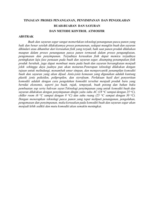Proses penanganan, penyimpanan dan pengolahan buah buahan dan sayuran | DOCX