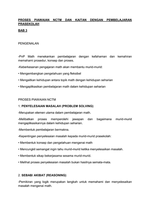 Proses piawaian nctm dan kaitan dengan pembelajaran prasekolah | PDF