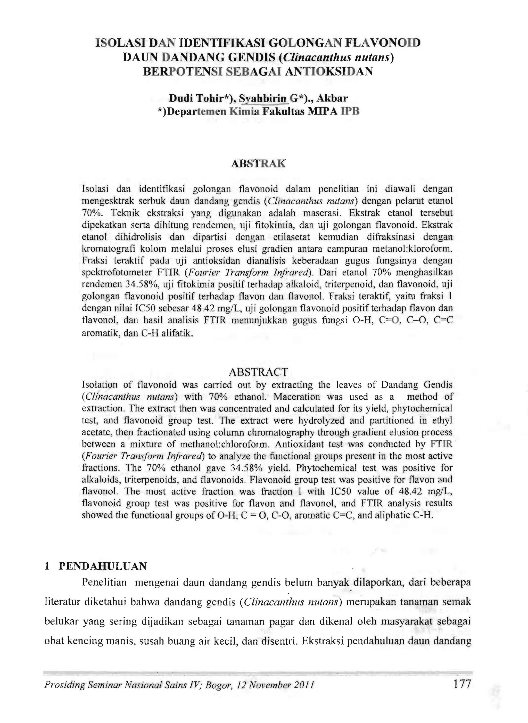 ISOLASI DAN IDENTIFIKASI GOLONGAN FLAVONOID DAUN DANDANG GENDIS ...