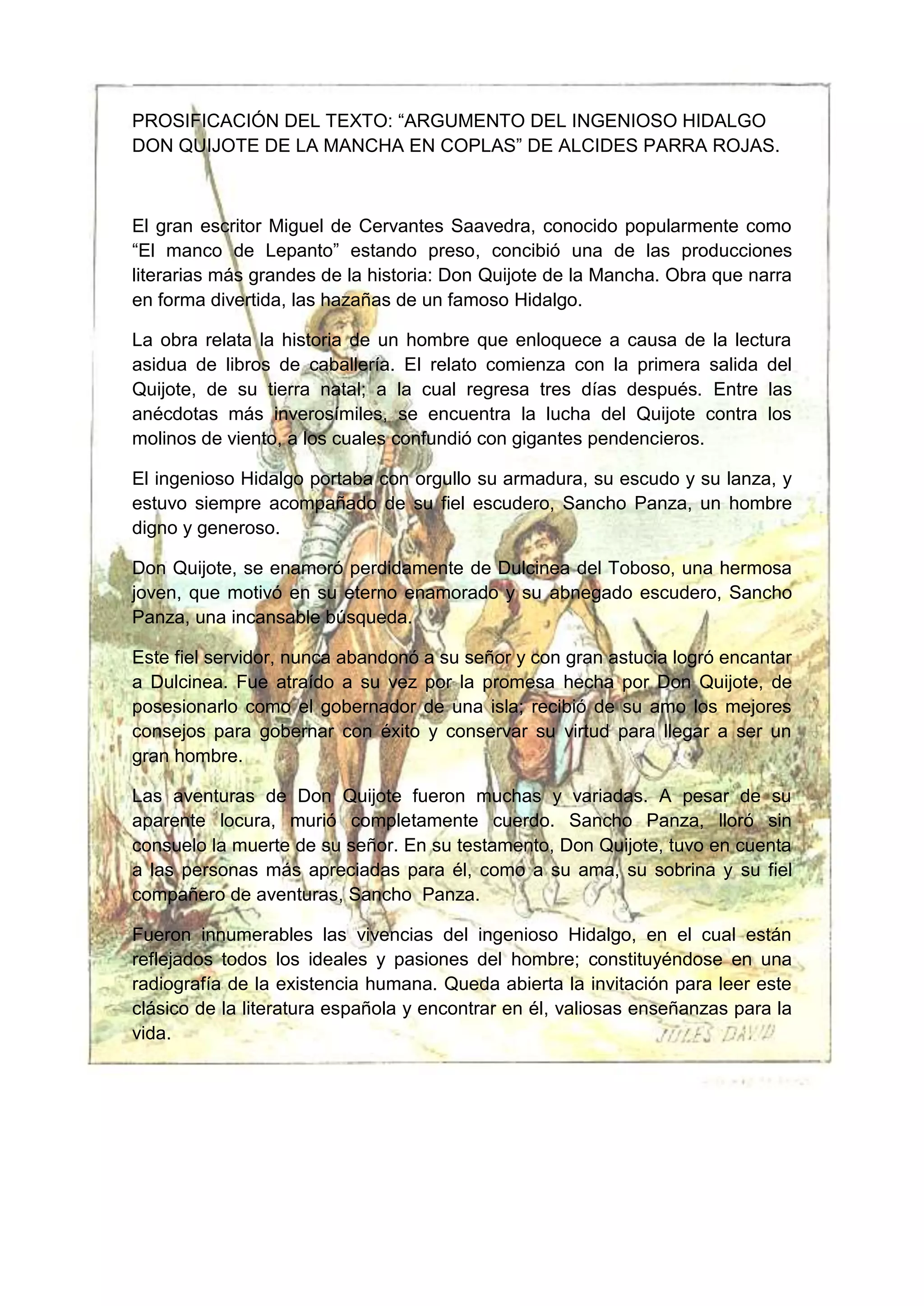 PROSIFICACIÓN DEL TEXTO: “ARGUMENTO DEL INGENIOSO HIDALGO DON QUIJOTE ...