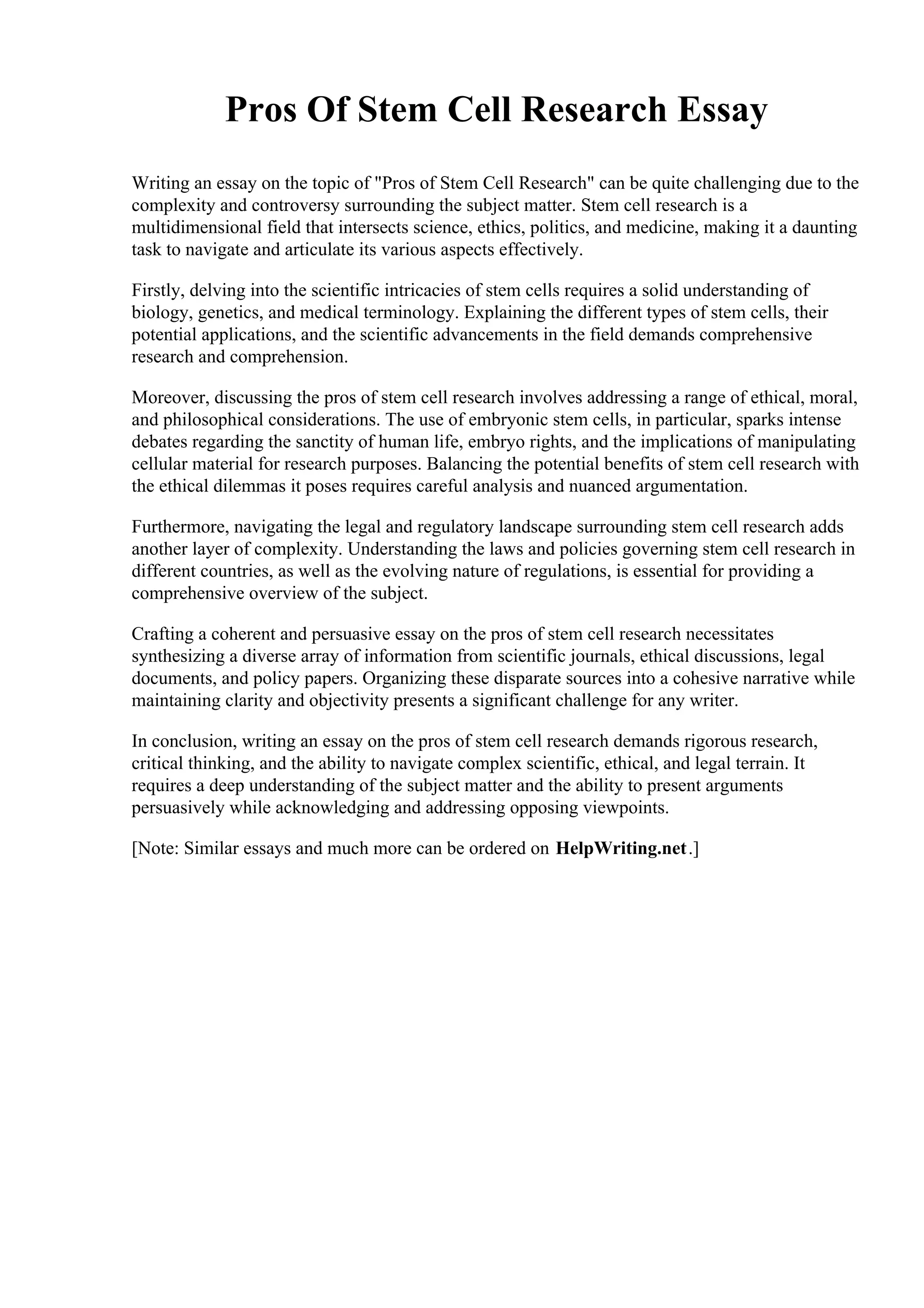 Pros Of Stem Cell Research Essay. Southeastern Technical College | PDF