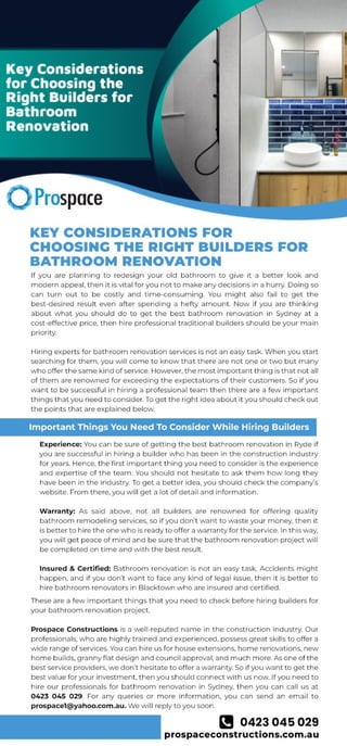 KEY CONSIDERATIONS FOR CHOOSING THE RIGHT BUILDERS FOR BATHROOM RENOVATION | PDF