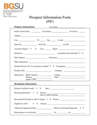 Prospect information form blank