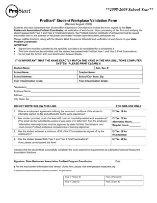 Pro Start Student Workplace Validation Form | DOC