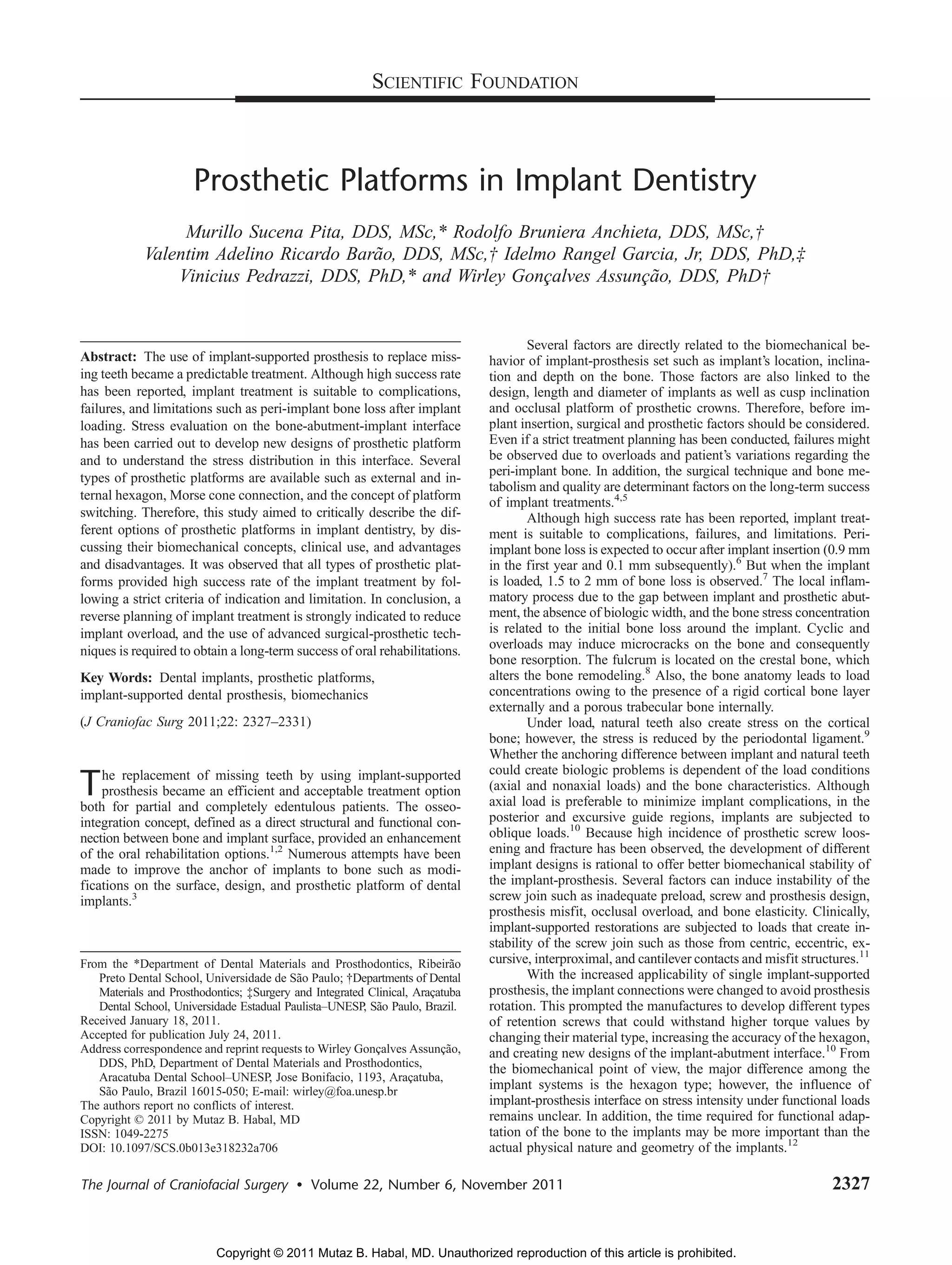 Prosthetic platforms in implant dentistry | PDF