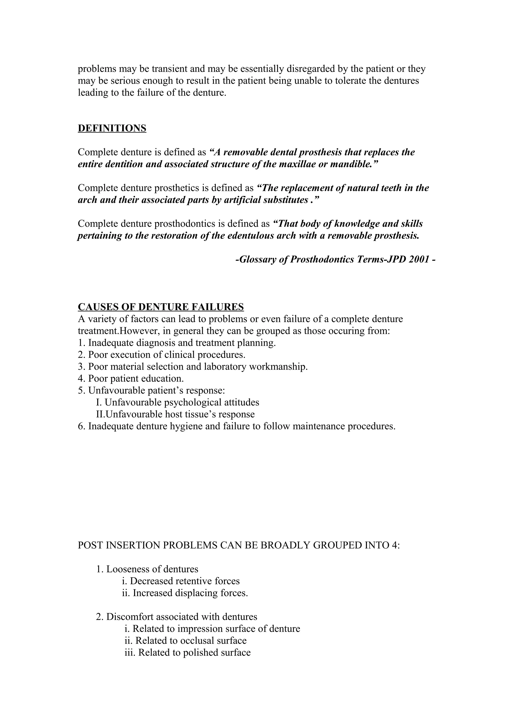 Prosthodontics-failures in cd prosthesis | DOC