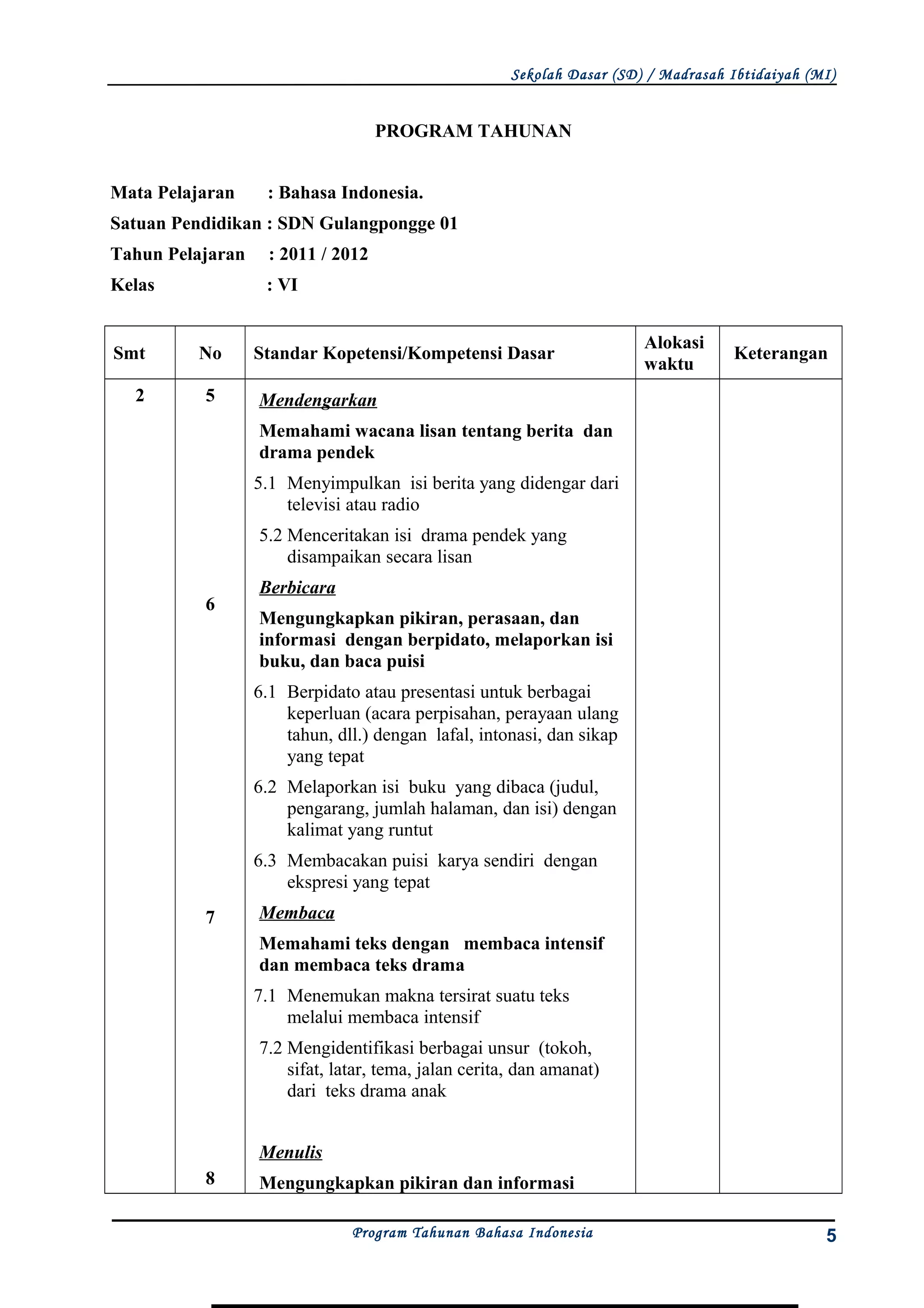 Prota bina kelas vi | DOC