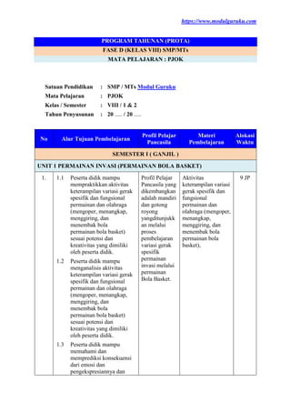 Prota Kelas 8 SMP/MTS PJOK Fase D | DOCX