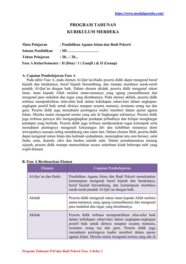 PROTA PAI DAN BP KELAS 2 KURIKULUM MERDEKA | DOCX