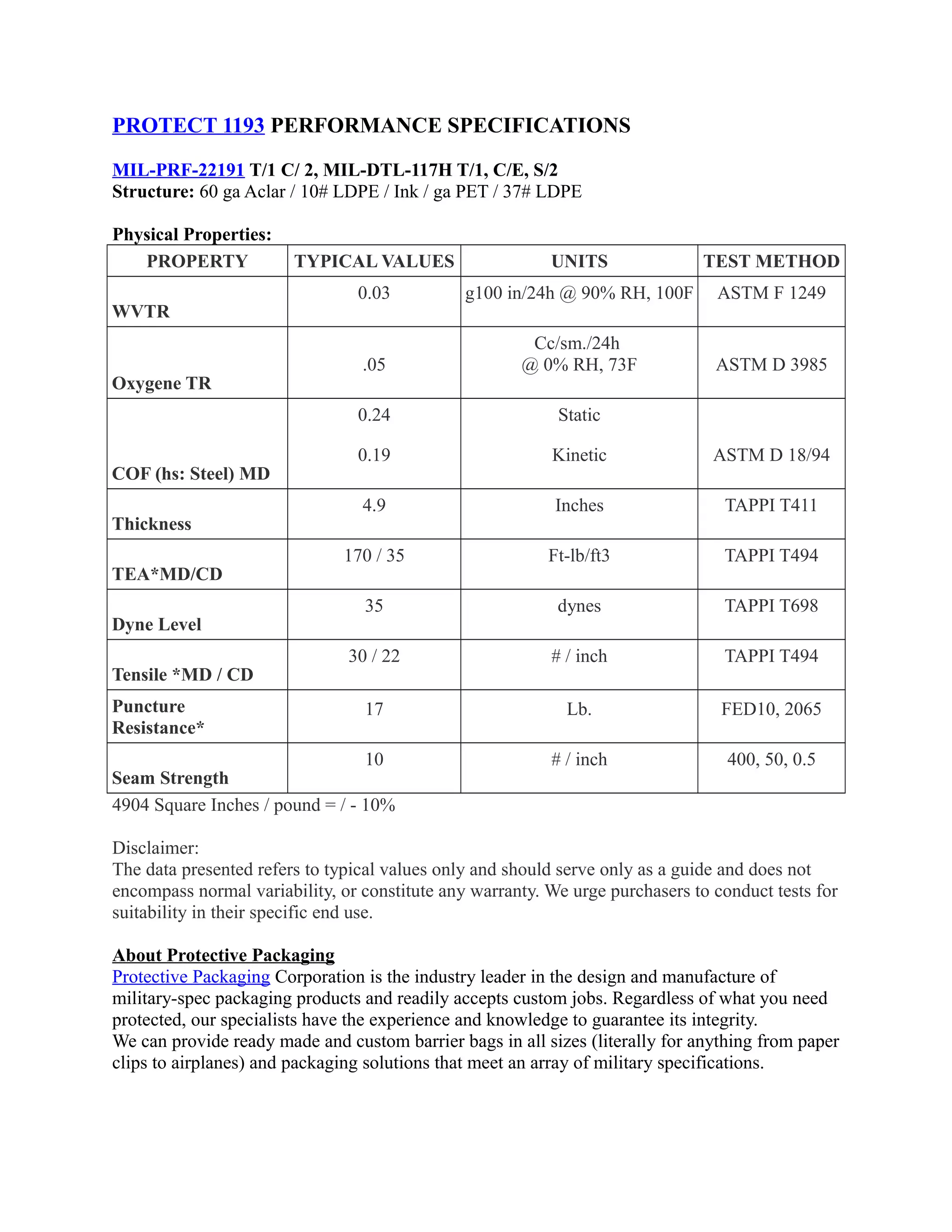 PROTECT 1193 PERFORMANCE SPECIFICATIONS | DOC
