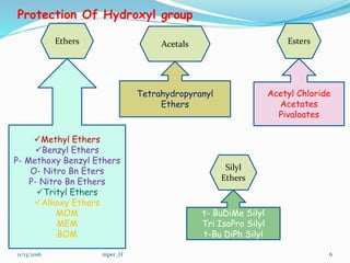 Protecting groups and deprotection- -OH, -COOH, C=O, -NH2 groups. | PPTX