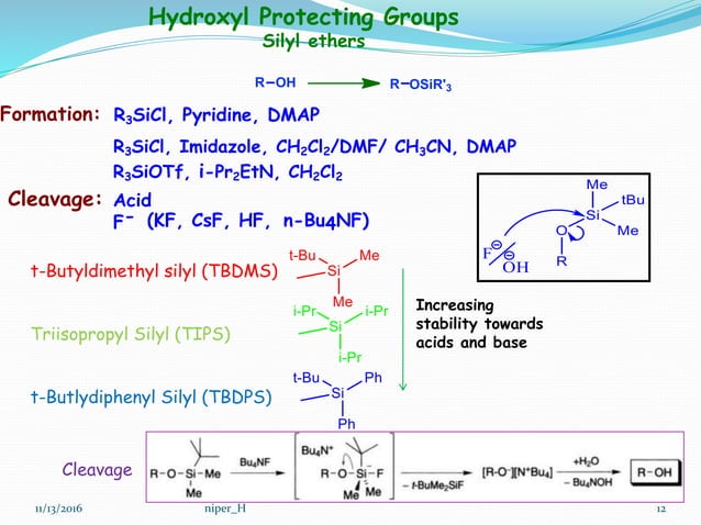 Protecting groups and deprotection- -OH, -COOH, C=O, -NH2 groups.
