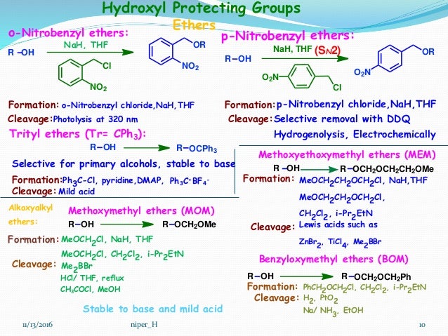Protecting groups and deprotection- -OH, -COOH, C=O, -NH2 groups.