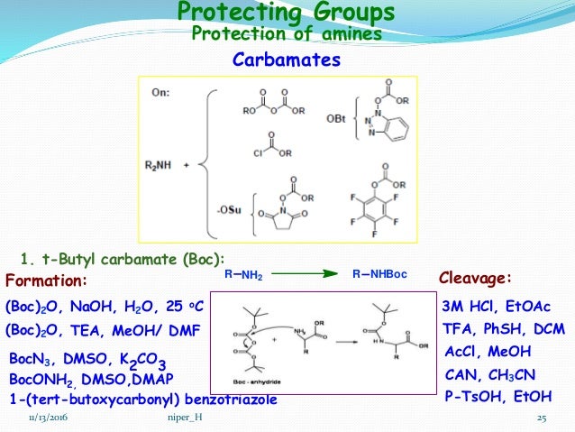 Protecting groups and deprotection- -OH, -COOH, C=O, -NH2 groups.